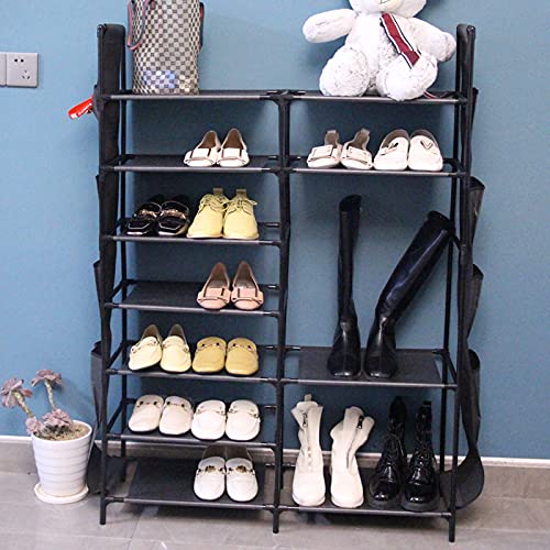 YCOCO Shoe Rack,16-25 Pairs Shoe Storage Organizer,7 Tiers Shoe Stand Stackable Shoe Shelf With Side Hanging Storage Bag for Closet,Entryway and Hallway,Black