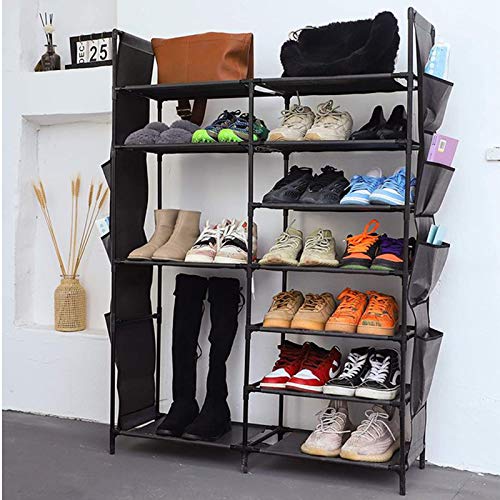 YCOCO Shoe Rack,16-25 Pairs Shoe Storage Organizer,7 Tiers Shoe Stand Stackable Shoe Shelf With Side Hanging Storage Bag for Closet,Entryway and Hallway,Black