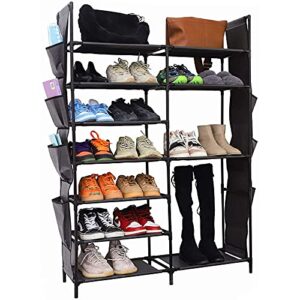 YCOCO Shoe Rack,16-25 Pairs Shoe Storage Organizer,7 Tiers Shoe Stand Stackable Shoe Shelf With Side Hanging Storage Bag for Closet,Entryway and Hallway,Black