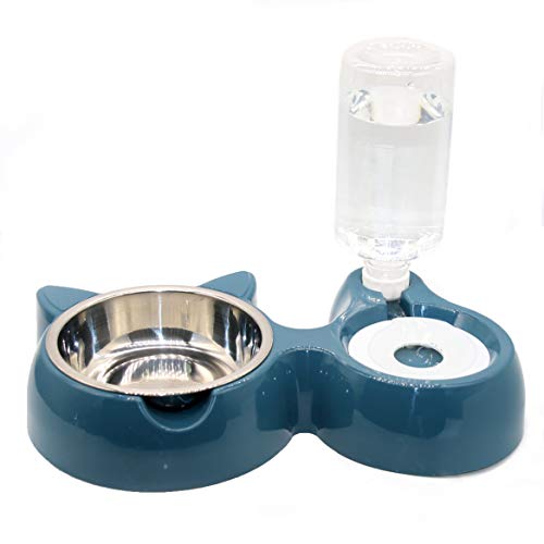 Double Bowl Water and Food Cat Feeder - Stainless Steel Bowl and Automatic Water Dispenser Bottle for Cats and Dogs