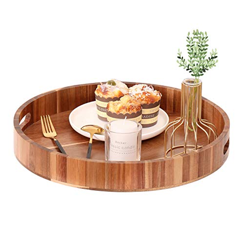 WONFUlity Round Wooden Trays for Coffee Table，Leak-Proof Ottoman Tray Acacia Wood Tray, Serving Tray with Handles Food Serving Trays Ottoman Tray for Living Room 16.34 Inch