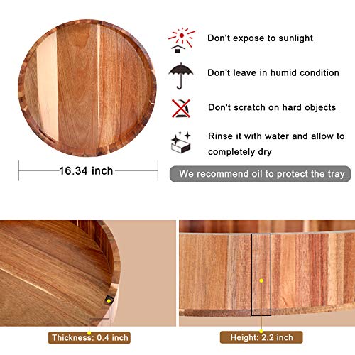 WONFUlity Round Wooden Trays for Coffee Table，Leak-Proof Ottoman Tray Acacia Wood Tray, Serving Tray with Handles Food Serving Trays Ottoman Tray for Living Room 16.34 Inch