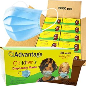 ADVANTAGE 2000 Pcs Premium Quality Kid's 3-Ply Bulk Blue Disposable Face Masks