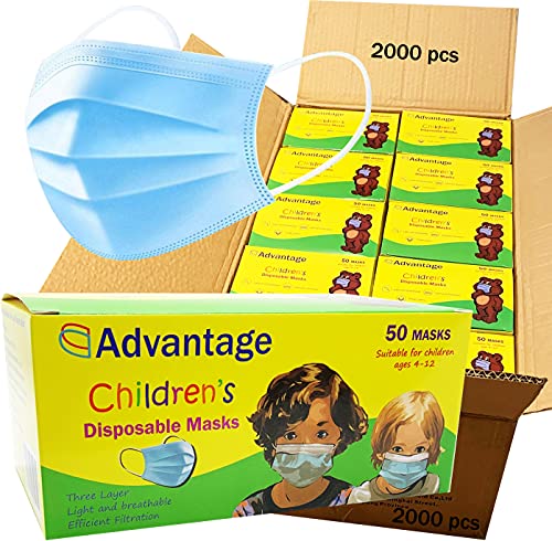 ADVANTAGE 2000 Pcs Premium Quality Kid's 3-Ply Bulk Blue Disposable Face Masks