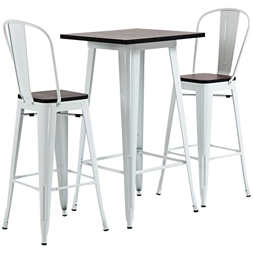 HOMCOM 3 Piece Industrial Dining Table Set, Counter Height Bar Table & Chairs Set with Footrests for Bistro, Pub, White and Brown