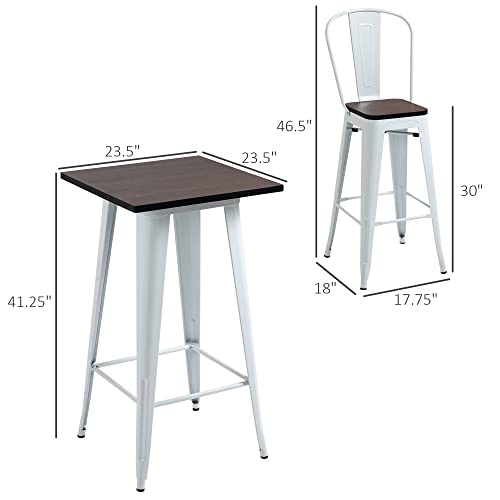 HOMCOM 3 Piece Industrial Dining Table Set, Counter Height Bar Table & Chairs Set with Footrests for Bistro, Pub, White and Brown