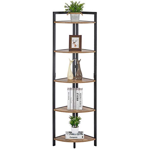 FATORRI Industrial Corner Shelf, 5 Tier Tall Corner Bookshelf, Wood and Metal Corner Bookcase (Rustic Oak)…