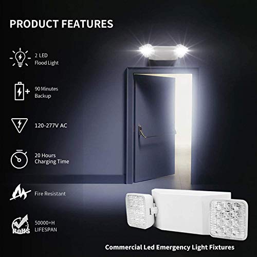 AKT LIGHTING Commercial Emergency Light, UL Certified, White Emergency Light Fixture with 2 LED Square Heads Adjustable & Backup Batteries Exit Lighting（6Pack）