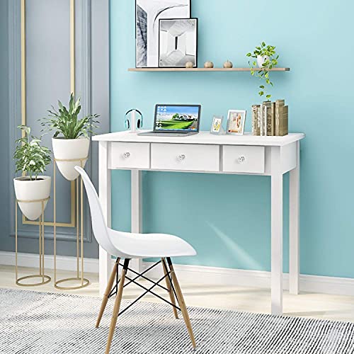 STHOUYN Home Office Small Writing Desk with Drawers Bedroom, Study Table for Adults/Student, Vanity Makeup Dressing Table Save Space Gifts White (White)