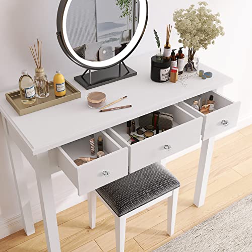 STHOUYN Home Office Small Writing Desk with Drawers Bedroom, Study Table for Adults/Student, Vanity Makeup Dressing Table Save Space Gifts White (White)