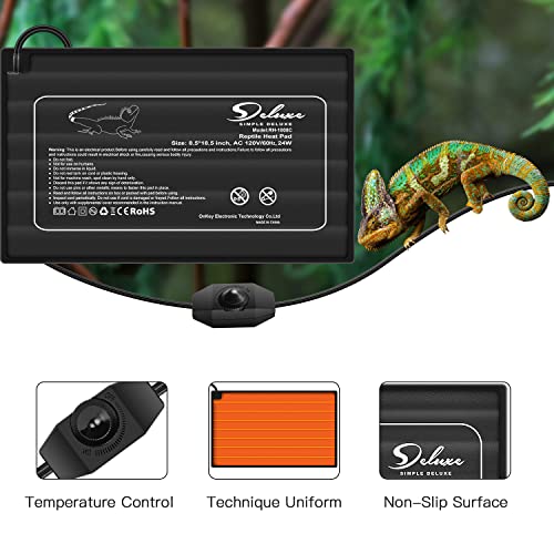 Simple Deluxe 8.5 X 18.5 Inch 24W Reptile Heat Mat Temperature Adjustable Under Tank Heater Terrarium Warmer Heating Pad for Amphibians and Reptiles Pet, Black