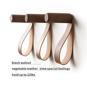 XAOMLP Wooden Hooks with Leather for Wall Mounted Single Hangers, Handmade Craft for Coats Hat Bags Rack 3pcs (Walnut)