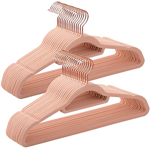 SONGMICS Velvet Hangers, Set of 30 Clothes Hanger with Rose Gold Swivel Hook, Non-Slip, and Space-Saving, 0.2-Inch Thick, 17.1-Inch Long for Coat, Shirt, Dress, Pants, Tie, Light Pink UCRF21PK30