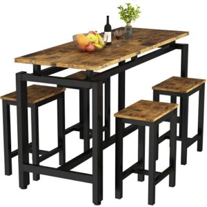 mieres dining table set for 4 - 5pcs kitchen counter with bar stools, sturdy metal frame home | pub | living room | breakfast nook furniture-34.7"h, vintage brown