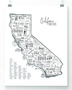 surf california map - beach wall decor - 16 x 20 inch art poster of california surf breaks - unique wall art for coastal, ocean, nautical & surfboard themed decor - poster frame not included