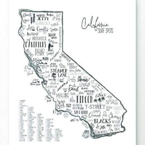 Surf California Map - Beach Wall Decor - 16 x 20 Inch Art Poster of California Surf Breaks - Unique Wall Art for Coastal, Ocean, Nautical & Surfboard Themed Decor - Poster Frame NOT Included