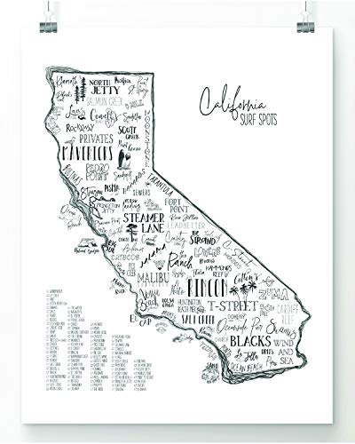 Surf California Map - Beach Wall Decor - 16 x 20 Inch Art Poster of California Surf Breaks - Unique Wall Art for Coastal, Ocean, Nautical & Surfboard Themed Decor - Poster Frame NOT Included