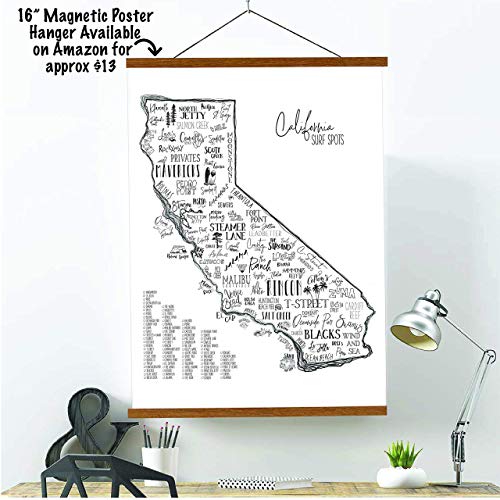 Surf California Map - Beach Wall Decor - 16 x 20 Inch Art Poster of California Surf Breaks - Unique Wall Art for Coastal, Ocean, Nautical & Surfboard Themed Decor - Poster Frame NOT Included