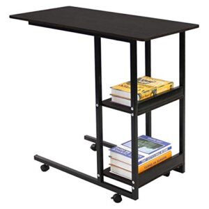 Desk Movable Office with Wheels Two Shelves Wood Sofa Side Table Slide | Black