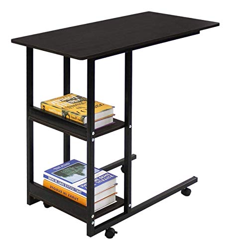 Desk Movable Office with Wheels Two Shelves Wood Sofa Side Table Slide | Black