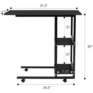 Desk Movable Office with Wheels Two Shelves Wood Sofa Side Table Slide | Black