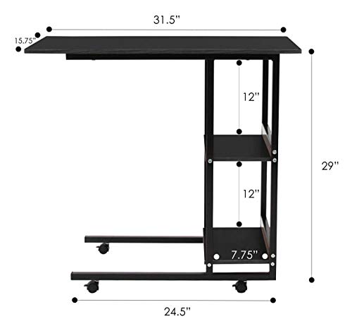 Desk Movable Office with Wheels Two Shelves Wood Sofa Side Table Slide | Black