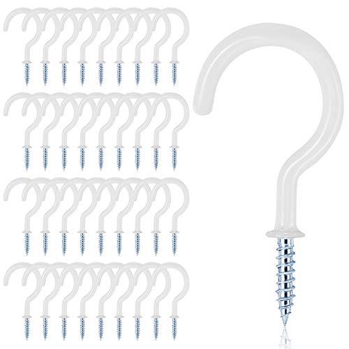 MJIYA 36 PCS Vinyl Coated Ceiling Hooks Question Mark Shape Hook Heavy Duty Screw Cup Hook for Bathroom Kitchen Wall Ceiling Hanging (White, 3/4 Inch)