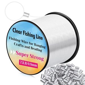 hanging wire clear, acejoz thick fishing line nylon string picture frame wire with 100pcs crimps sleeves 70lb invisible line for balloon garland picture hanging decoration and crafts (656 feet)