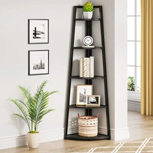 tribesigns 5 tier corner bookshelf and bookcase, 70 inch tall corner shelves rustic corner ladder shelf indoor plant stand for living room, kitchen, home office (black)