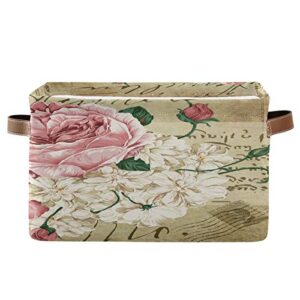 alaza decorative basket rectangular storage bin, vintage shabby chic pink rose floral organizer basket with leather handles for home office