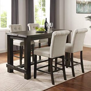 Roundhill Furniture Aneta Antique Black Finished Wood 5-Piece Counter Height Dining Set, Tan