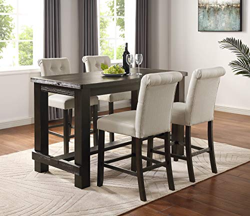 Roundhill Furniture Aneta Antique Black Finished Wood 5-Piece Counter Height Dining Set, Tan