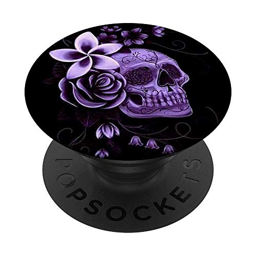 Purple Skull Black Floral Flowers Skulls Skeletons Bones PopSockets Grip and Stand for Phones and Tablets