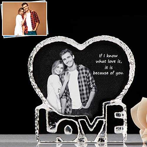 YWHL Laser Engrave Custom Couple Photo Frame, Personalized Your Own Picture Gift for Her, Crystal Love Heart Shaped Keepsake