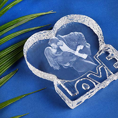 YWHL Laser Engrave Custom Couple Photo Frame, Personalized Your Own Picture Gift for Her, Crystal Love Heart Shaped Keepsake