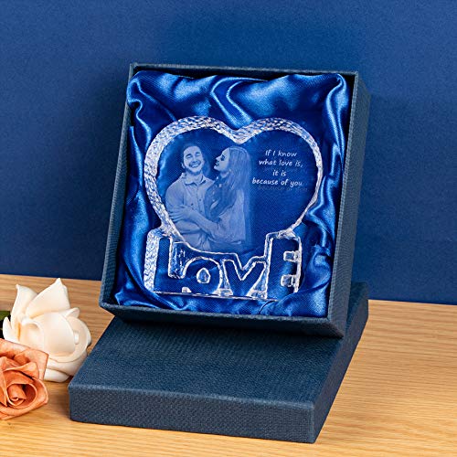 YWHL Laser Engrave Custom Couple Photo Frame, Personalized Your Own Picture Gift for Her, Crystal Love Heart Shaped Keepsake