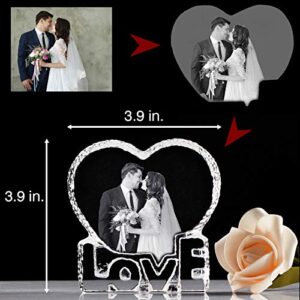 YWHL Laser Engrave Custom Couple Photo Frame, Personalized Your Own Picture Gift for Her, Crystal Love Heart Shaped Keepsake