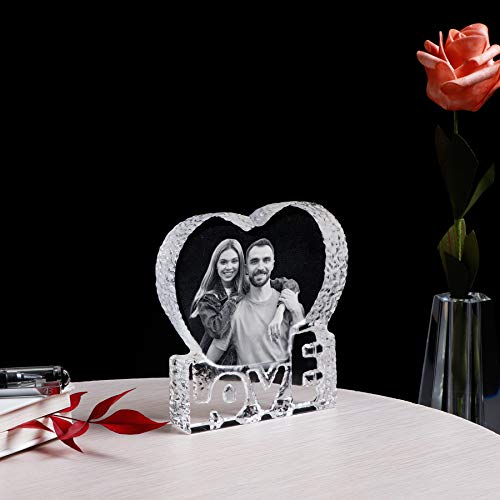 YWHL Laser Engrave Custom Couple Photo Frame, Personalized Your Own Picture Gift for Her, Crystal Love Heart Shaped Keepsake