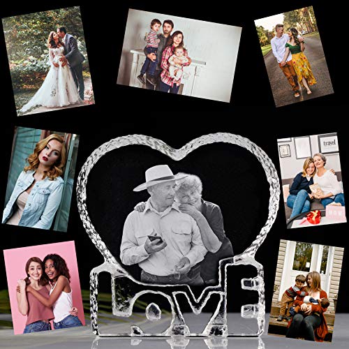 YWHL Laser Engrave Custom Couple Photo Frame, Personalized Your Own Picture Gift for Her, Crystal Love Heart Shaped Keepsake