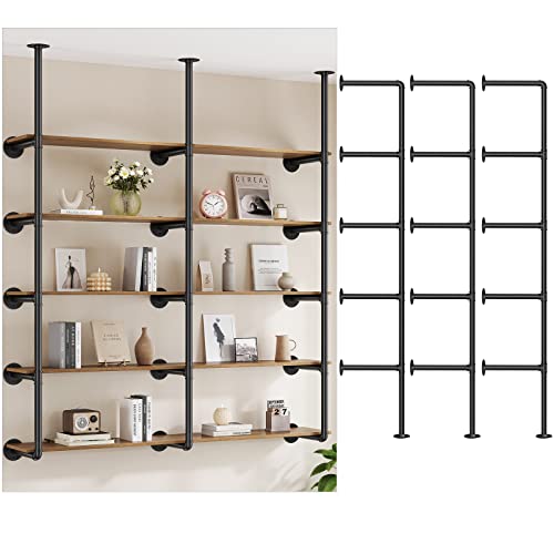 Pynsseu Industrial Iron Pipe Shelf Wall Mount, Farmhouse DIY Open Bookshelf, Pipe Shelves for Kitchen Bathroom, bookcases Living Room Storage, 3Pack of 5 Tier.