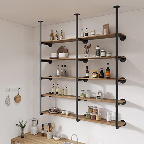 Pynsseu Industrial Iron Pipe Shelf Wall Mount, Farmhouse DIY Open Bookshelf, Pipe Shelves for Kitchen Bathroom, bookcases Living Room Storage, 3Pack of 5 Tier.