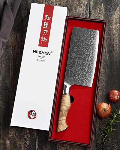 HEZHEN Meat Cleaver Butcher Knife Kitchen Vegetable Cleaver Chinese Chef Cooking Knife 6.8 Inch 67-Layer Damascus Steel Forged Sharp Utility Mincer Knife-Non-Slip Wooden Handle + Gift Box