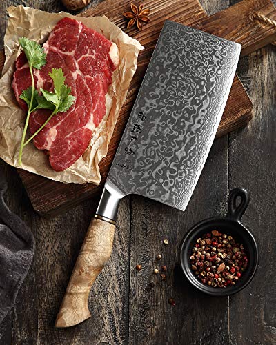 HEZHEN Meat Cleaver Butcher Knife Kitchen Vegetable Cleaver Chinese Chef Cooking Knife 6.8 Inch 67-Layer Damascus Steel Forged Sharp Utility Mincer Knife-Non-Slip Wooden Handle + Gift Box