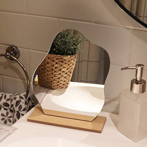 DaizySight Irregular Aesthetic Vanity Mirror Frameless, Decorative Desk Tabletop Acrylic Mirrors with Wooden Stand for Living Room, Bedroom, and Minimal Spaces Home Decor - Cloud Shape