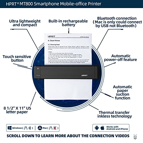 HPRT MT800 Thermal Transfer Portable Printer Support 8.5" X 11" US Letter & A4 Paper Bluetooth Wireless Travel Printer Compatible with Android and iOS,Suitable for On The Go