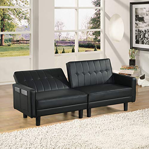 URRED Futon Sofa Bed Loveseat Sofa Sleeper, Convertible Loveseat Sofa Bed, Fotone Bed Couch Tufted Design with Adjustable Backrest and Side Pockets for Small Spaces (PU-Black)