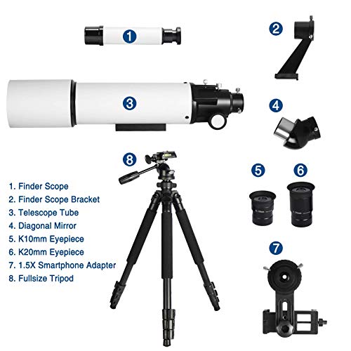 OYS Telescope for Kids Adults Astronomy Beginners, 80mm Aperture 500mm AZ Mount, Astronomical Refractor Travel Telescope with Tripod and Phone Adapter to Observe Moon and Planet