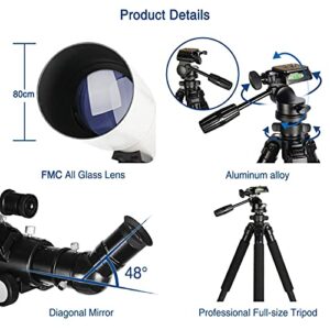 OYS Telescope for Kids Adults Astronomy Beginners, 80mm Aperture 500mm AZ Mount, Astronomical Refractor Travel Telescope with Tripod and Phone Adapter to Observe Moon and Planet