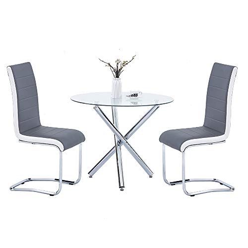 SICOTAS 3 Piece Round Dining Table Set for 2 Person, Modern Round Glass Table with Faux Leather High Back Dining Room Chairs,Dining Set for Dining Room