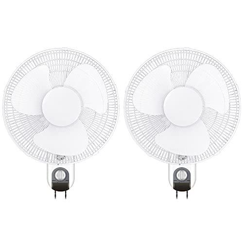 HealSmart Digital Household Wall Mount Fans 16 Inch Adjustable Tilt, 90 Degree, 3 Speed Settings, 2 Pack, White